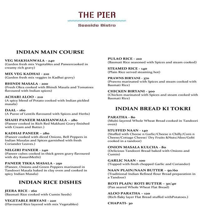 Menu at The Pier - Seaside Bistro, Mormugao