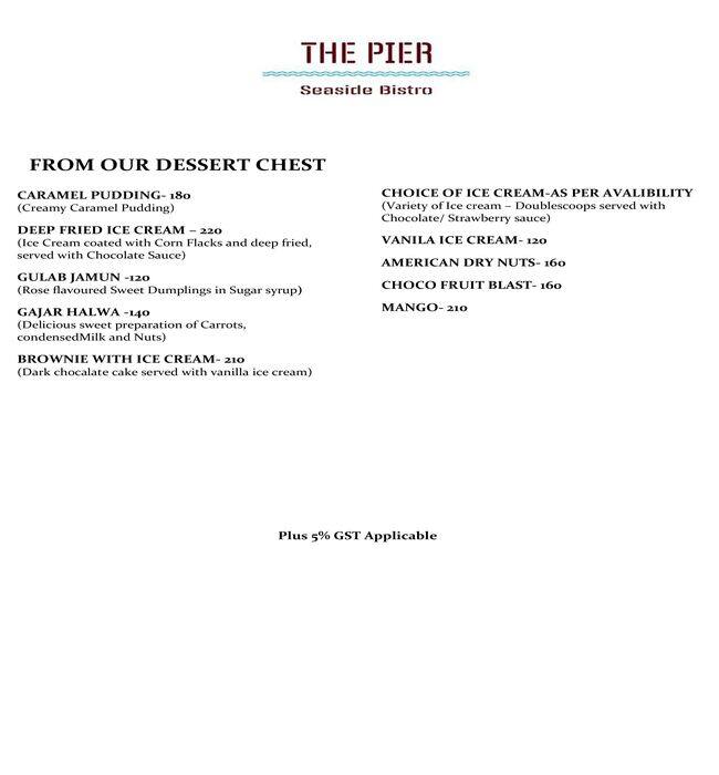 Menu at The Pier - Seaside Bistro, Mormugao