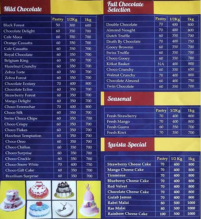 Menu of Lavista Cake Shop, Lower Parel, Mumbai