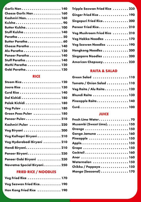 Menu at Navaratna Udupi Pure Veg Restaurant, Calangute