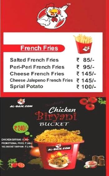 Menu of Al-Baik, Vasanth Nagar, Bangalore