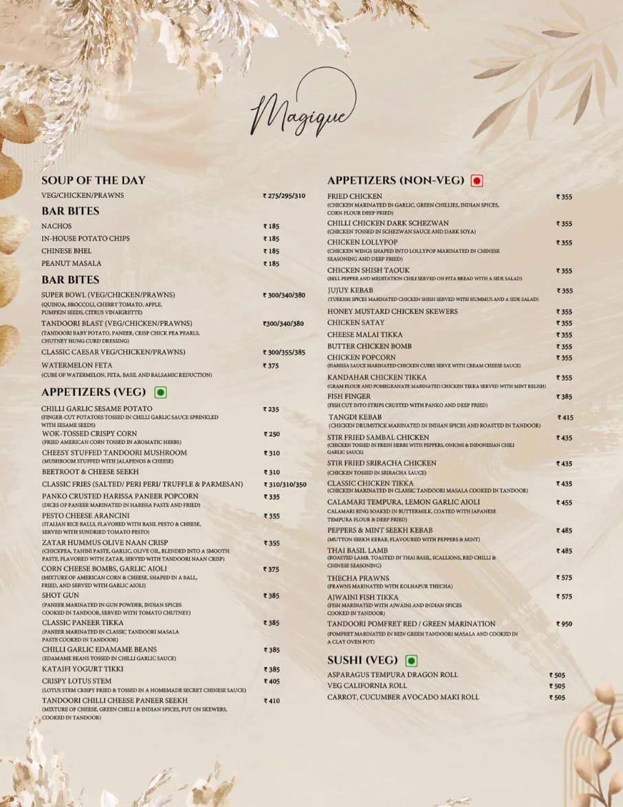 Menu of Magique, Koramangala 6th Block, Bangalore