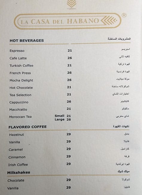 Menu at La Casa Del Habano pub & bar, Dubai
