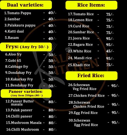Menu of Kala Kitchen, Kompally, Hyderabad