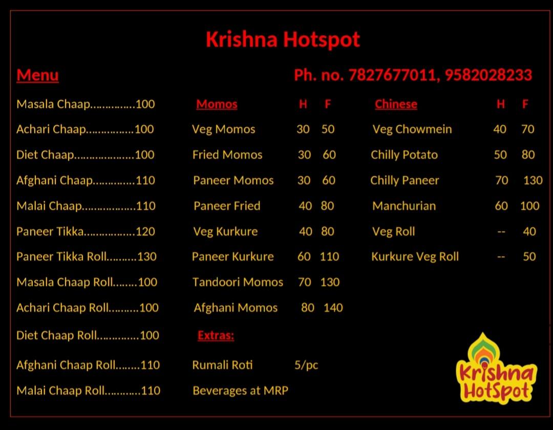 Menu of Krishna Hotspot, Azadpur, New Delhi