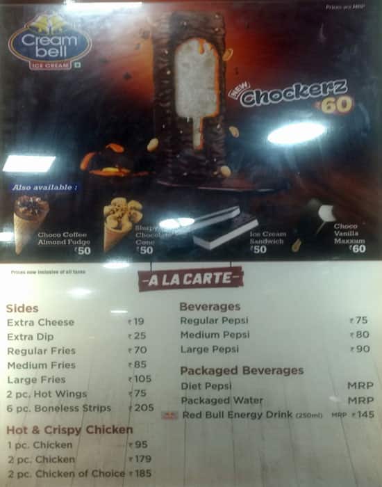 Menu of KFC, Gandhipuram, Coimbatore