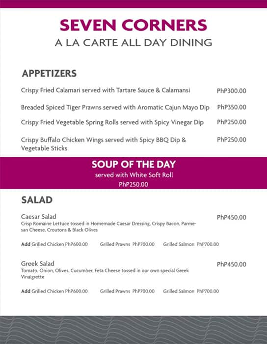 Menu at Seven Corners restaurant, Quezon City