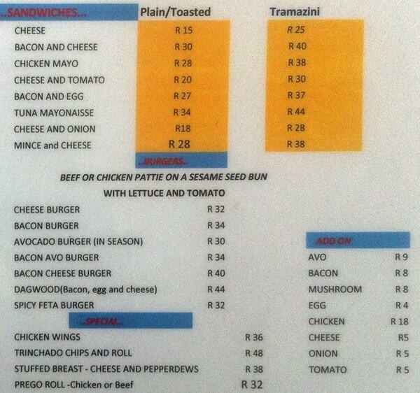 Menu at Top Hats & Tails cafe, Johannesburg
