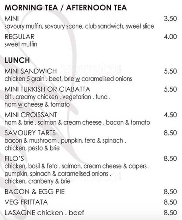 Menu at Mocca Cafe, Auckland