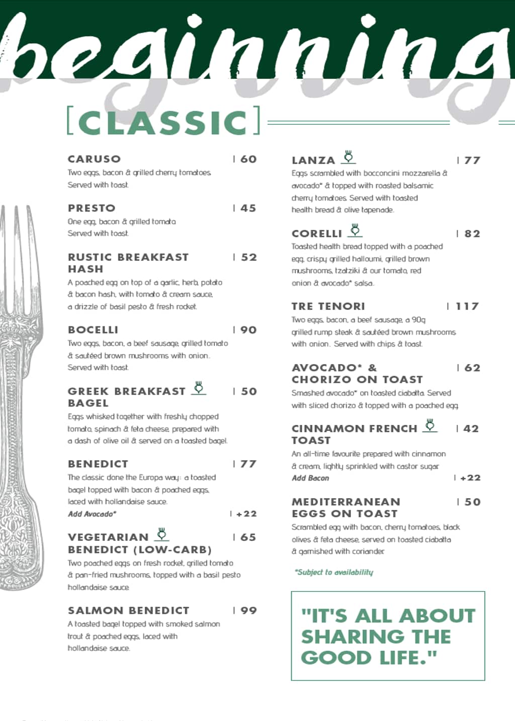 Menu at Europa Food Emporium restaurant, Umhlanga, 90 William Campbell Dr