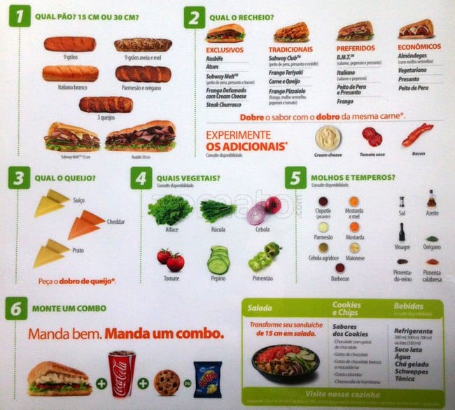 Menu at Subway restaurant, Salvador, Av. São Rafael