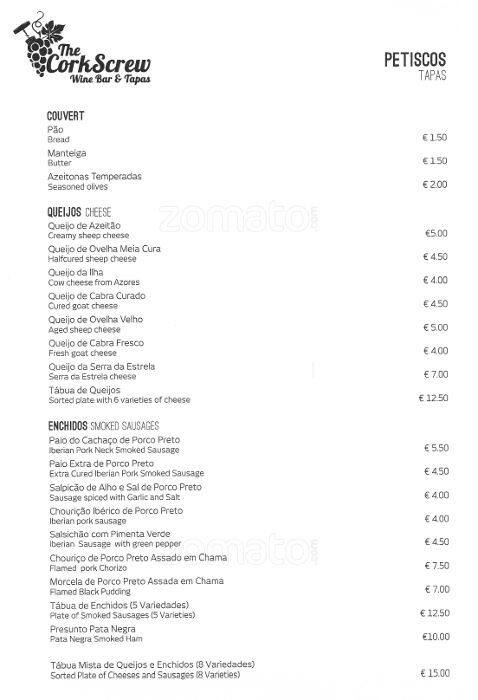 Menu at The Corkscrew Wine Bar, Lisbon