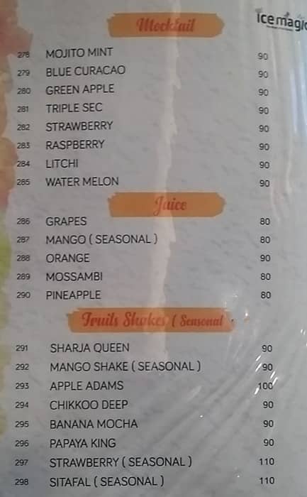 Menu at Ice Magic, Hyderabad