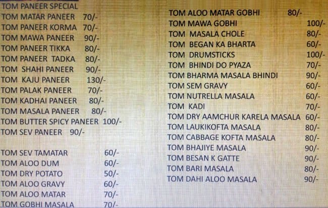 Menu at Tom N Jerry, Indore