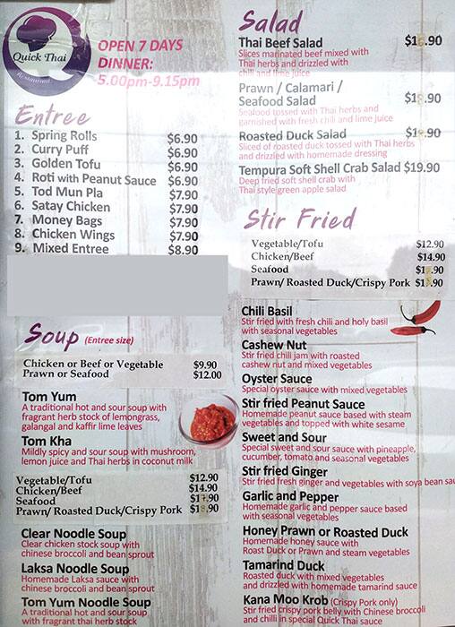 Carta de comida rápida Quick Thai, Parramatta