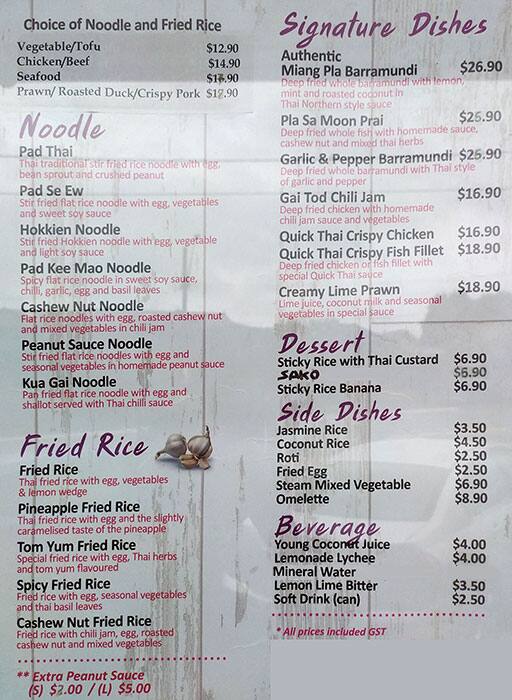 Carta de comida rápida Quick Thai, Parramatta