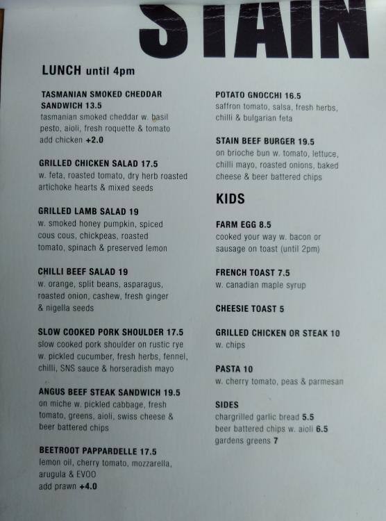 Menu at Stain@thehill cafe, Hunters Hill