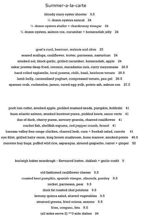 Menu at Oskars on Burleigh restaurant, Burleigh Heads