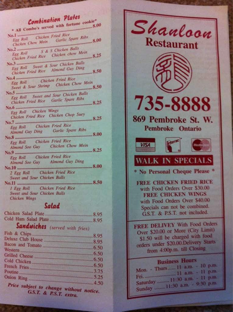 Menu at Shanloon Restaurant, Pembroke