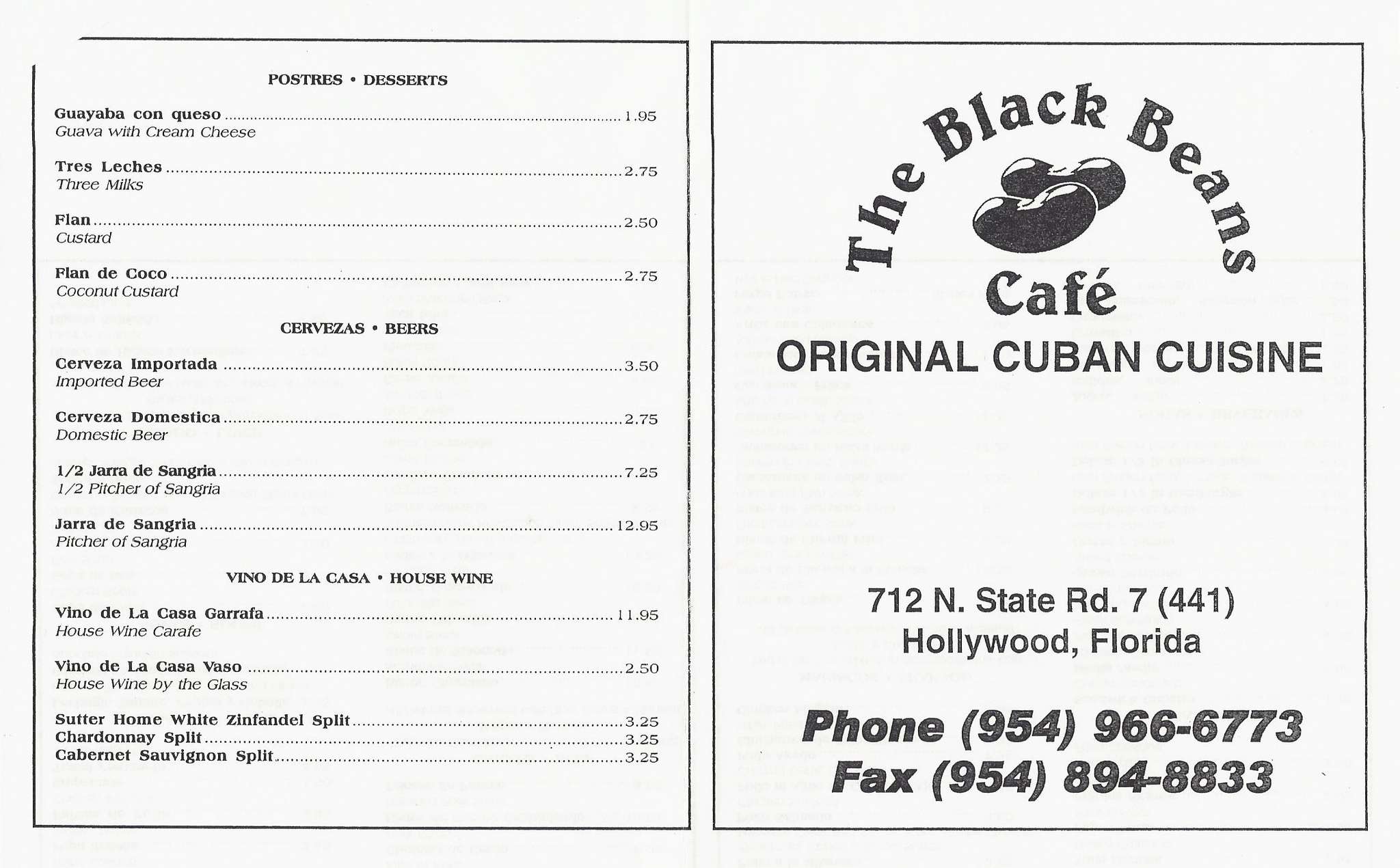 Menu at The Black Beans Cafe, Hollywood, 712 S State Rd 7