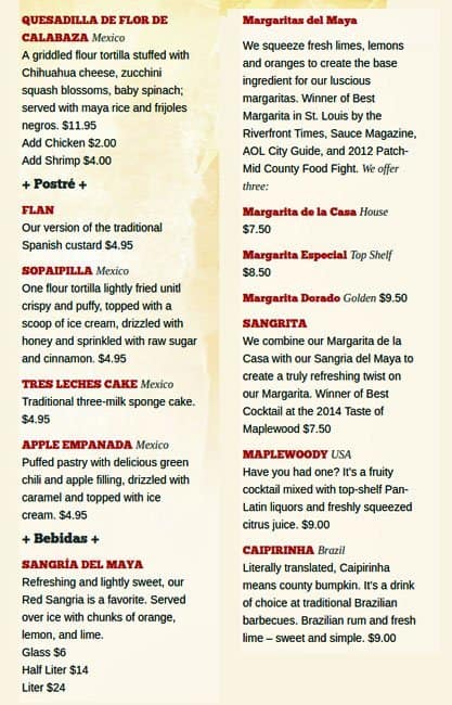 Menu at Maya Cafe, Maplewood