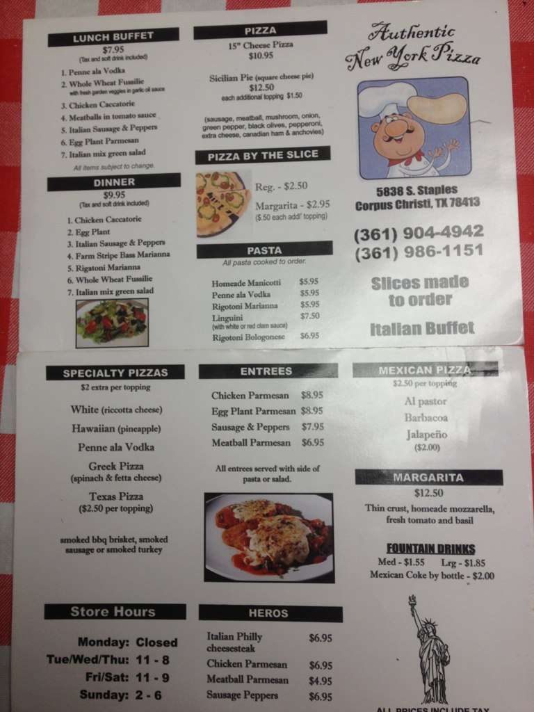Menu at Authentic New York Pizza pizzeria, Corpus Christi
