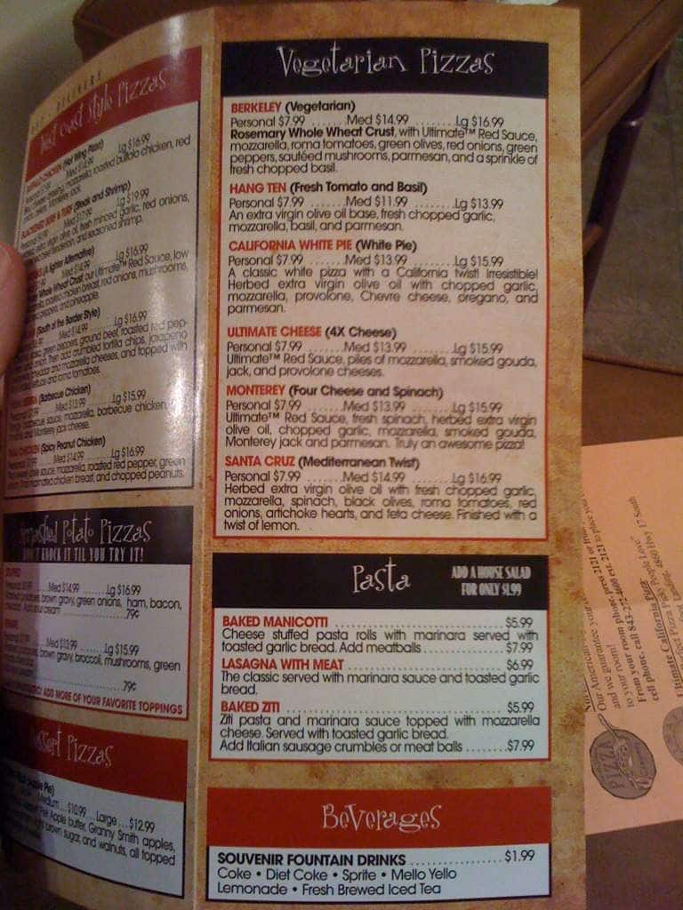 Menu at Ultimate California Pizza pizzeria, North Myrtle Beach, Hwy 17 S