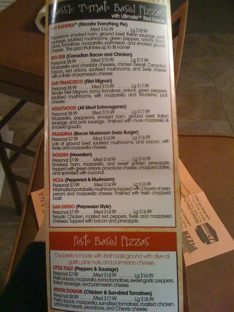 Menu at Ultimate California Pizza pizzeria, North Myrtle Beach, Hwy 17 S