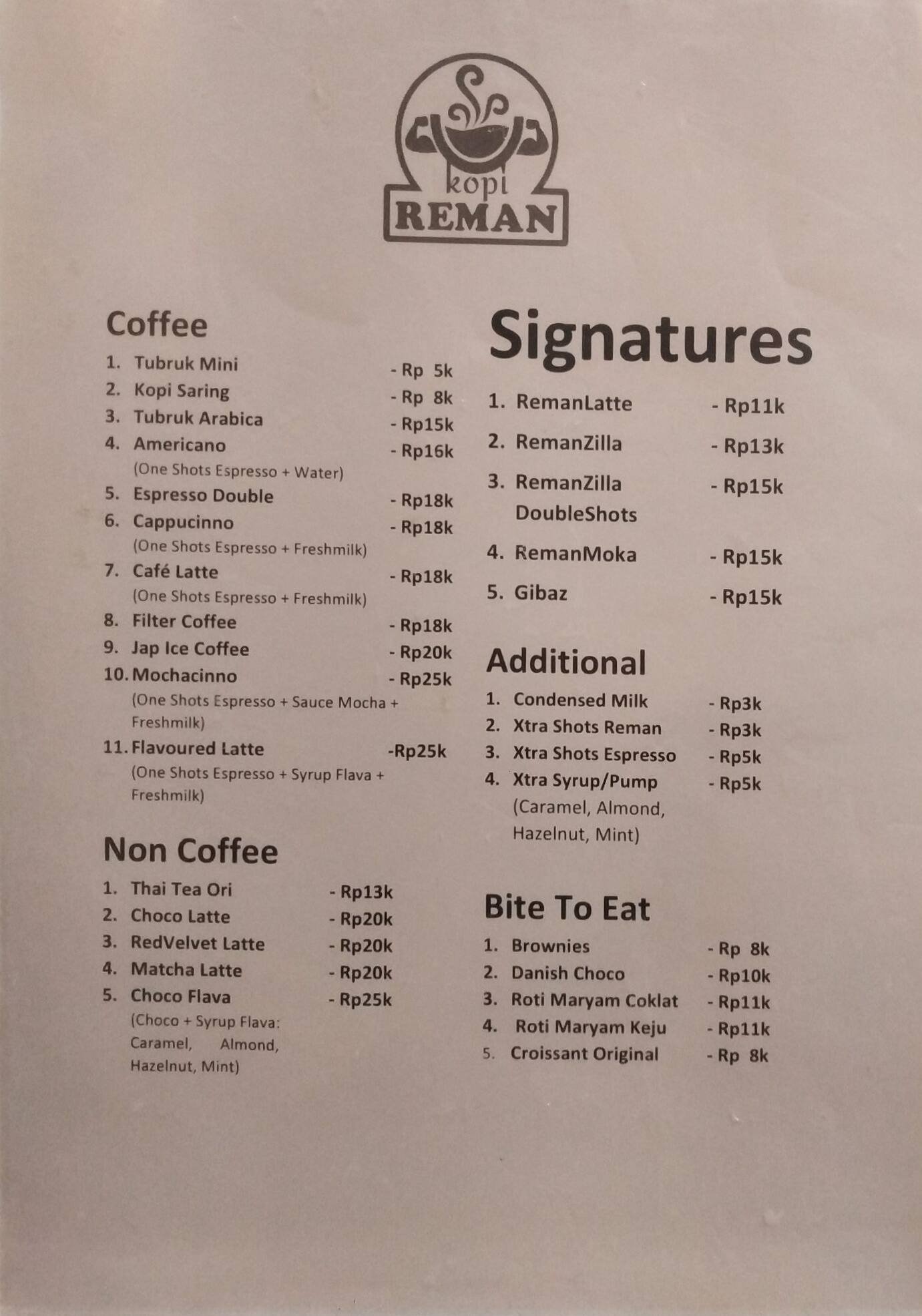Menu at Kopi Reman Indonesia, Jakarta