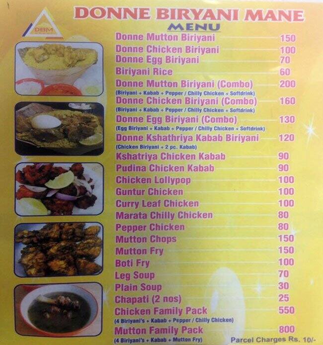 Donne Biriyani Mane Menu, Menu for Donne Biriyani Mane, Jeevan Bhima ...