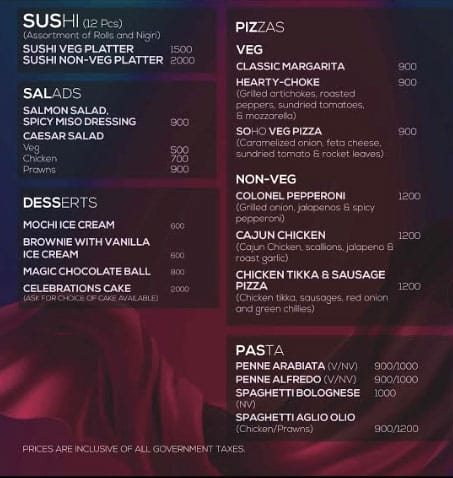 Menu at Soho Club Delhi, New Delhi