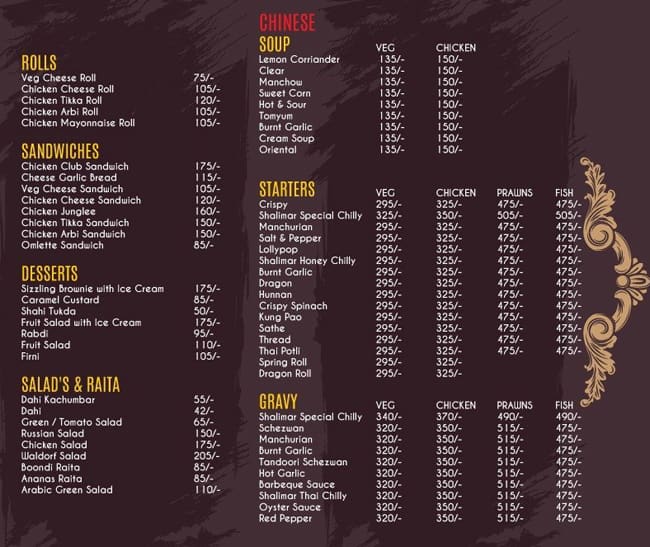 Menu of Shalimar Restaurant & Fast Food, Mahim, Mumbai