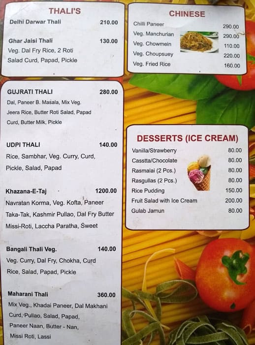 Menu at Taj Darbar Restaurant, Agra