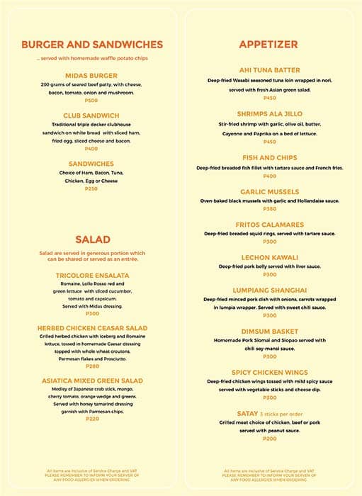 Menu at Midas Hotel and Casino cafe, Pasay