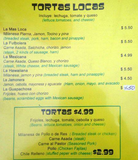 Menu at Tortas Locas restaurant, Mount Prospect, W Algonquin Rd #4805