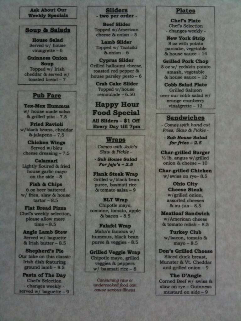 Menu at Old Angle Tavern pub & bar, Cleveland