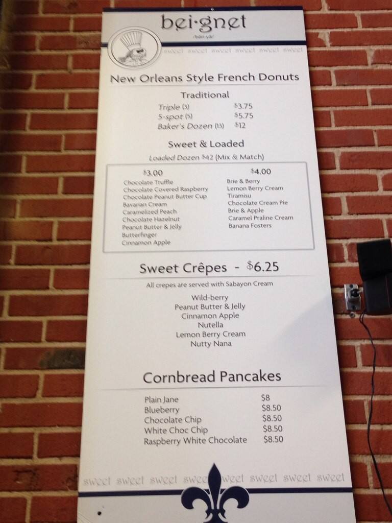 Menu at Beignet restaurant, Kansas City, 307 Main St