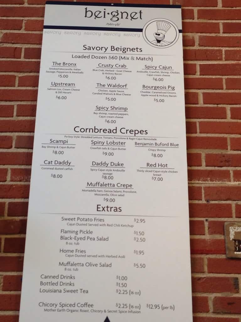 Menu at Beignet restaurant, Kansas City, 307 Main St