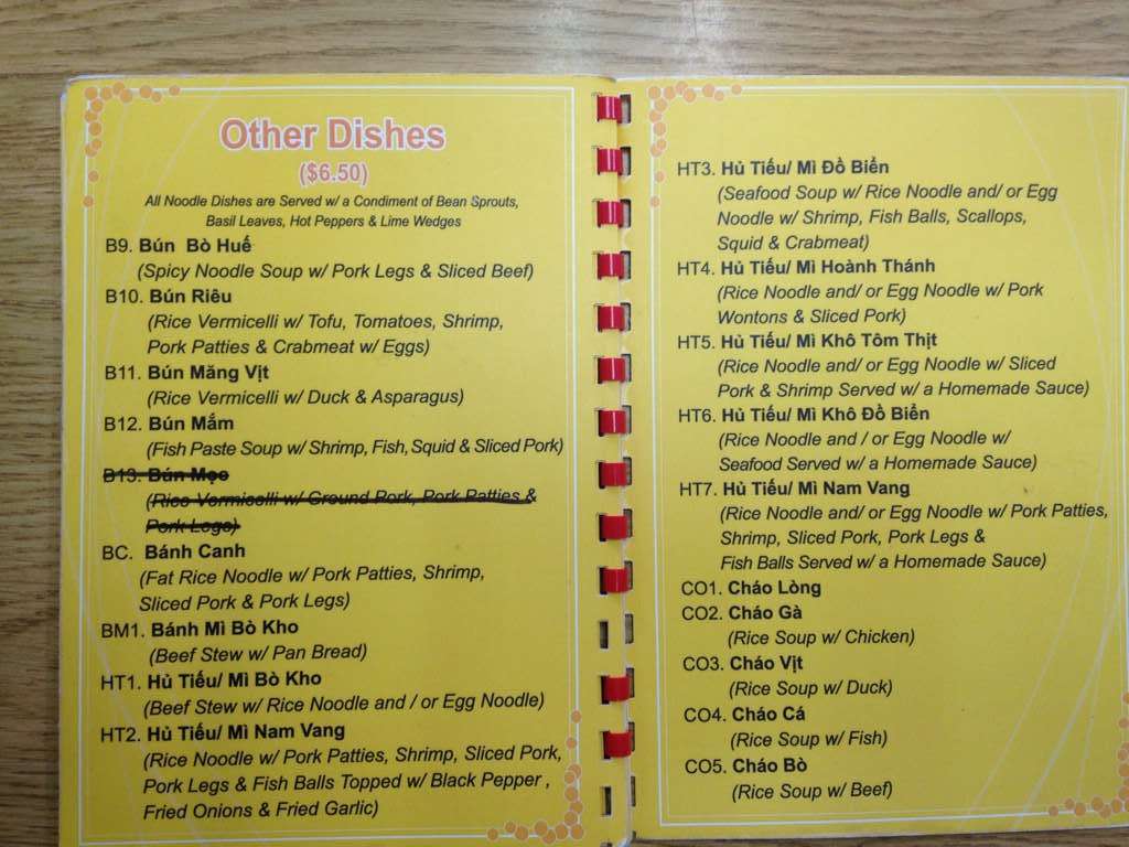 Menu at Pho Tay Do restaurant, Richmond