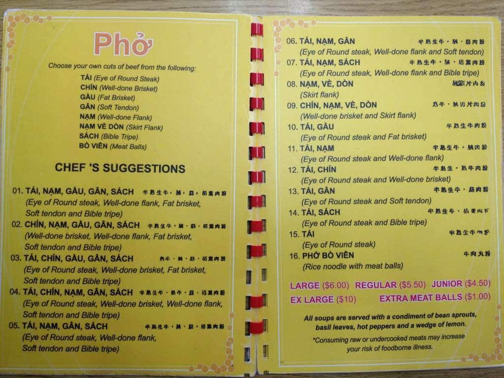 Menu at Pho Tay Do restaurant, Richmond