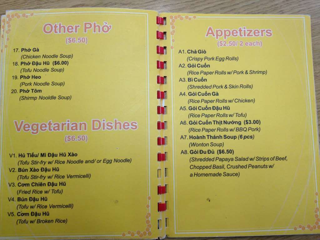 Menu at Pho Tay Do restaurant, Richmond