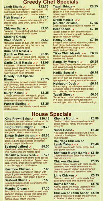 Menu at Greedy Chef restaurant, London