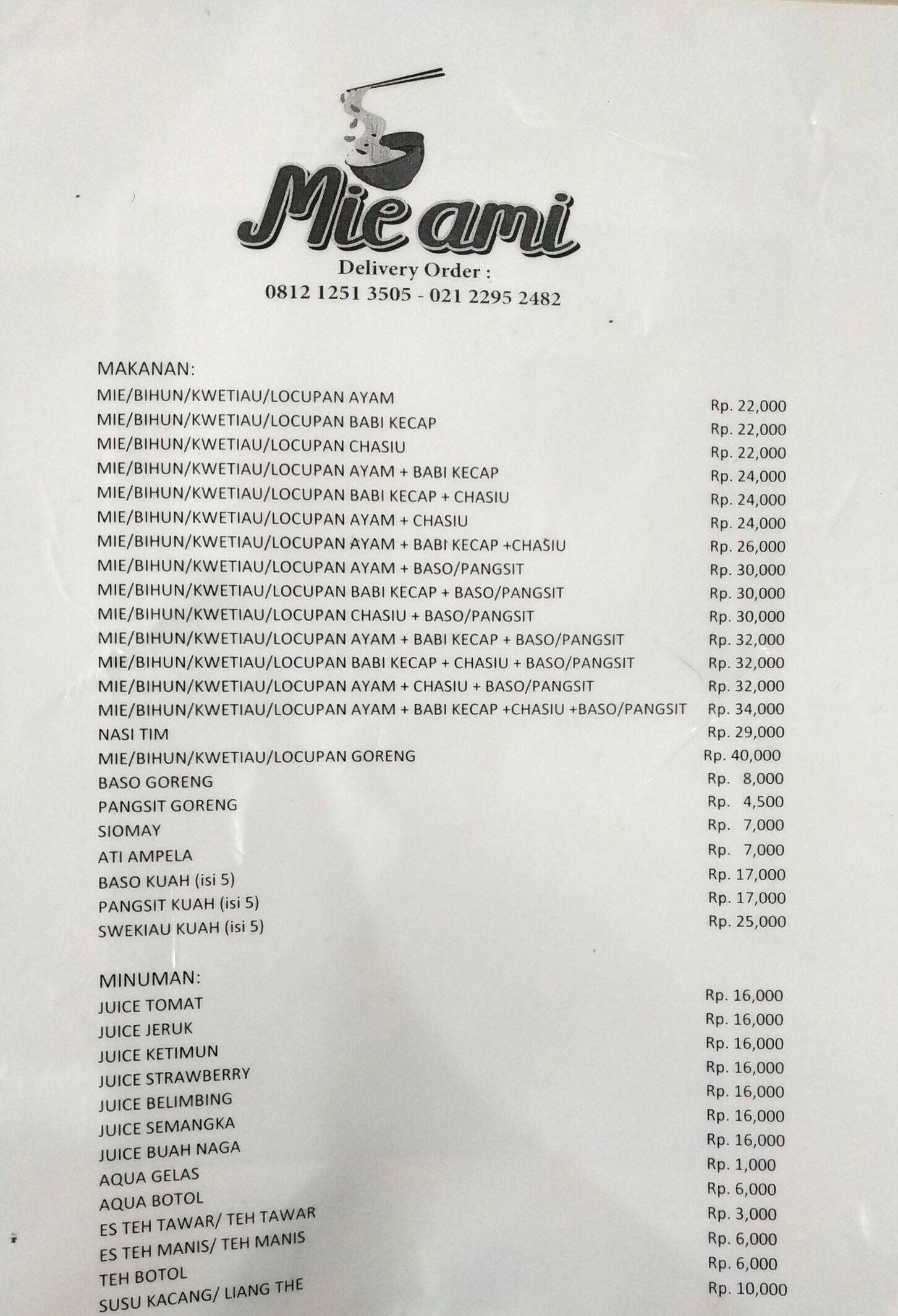 Menu at Mie Ami restaurant, South Tangerang, Ruko Columbus
