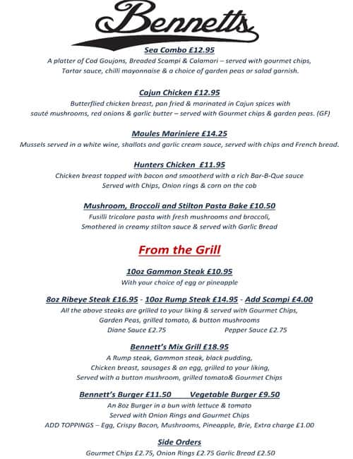 Menu at Bennetts Hotel, Paradise Restaurant and Bar, Nottingham