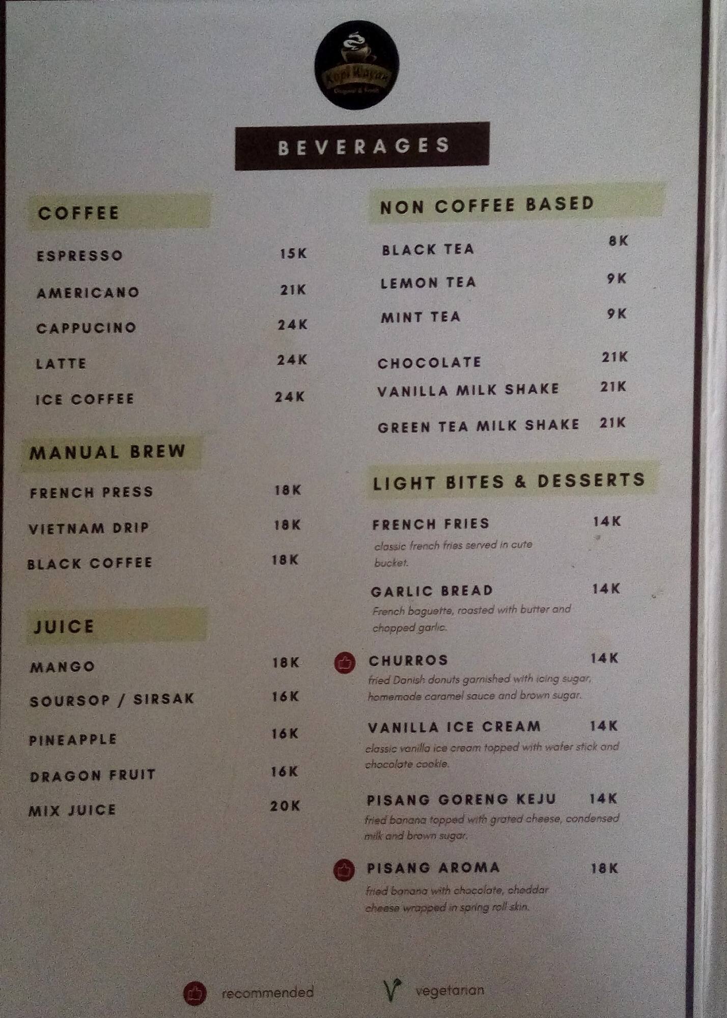 Carta del café Kopi Wayan, Celuk