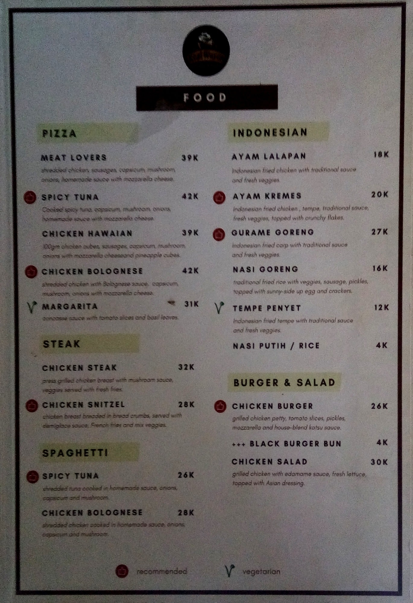 Carta del café Kopi Wayan, Celuk