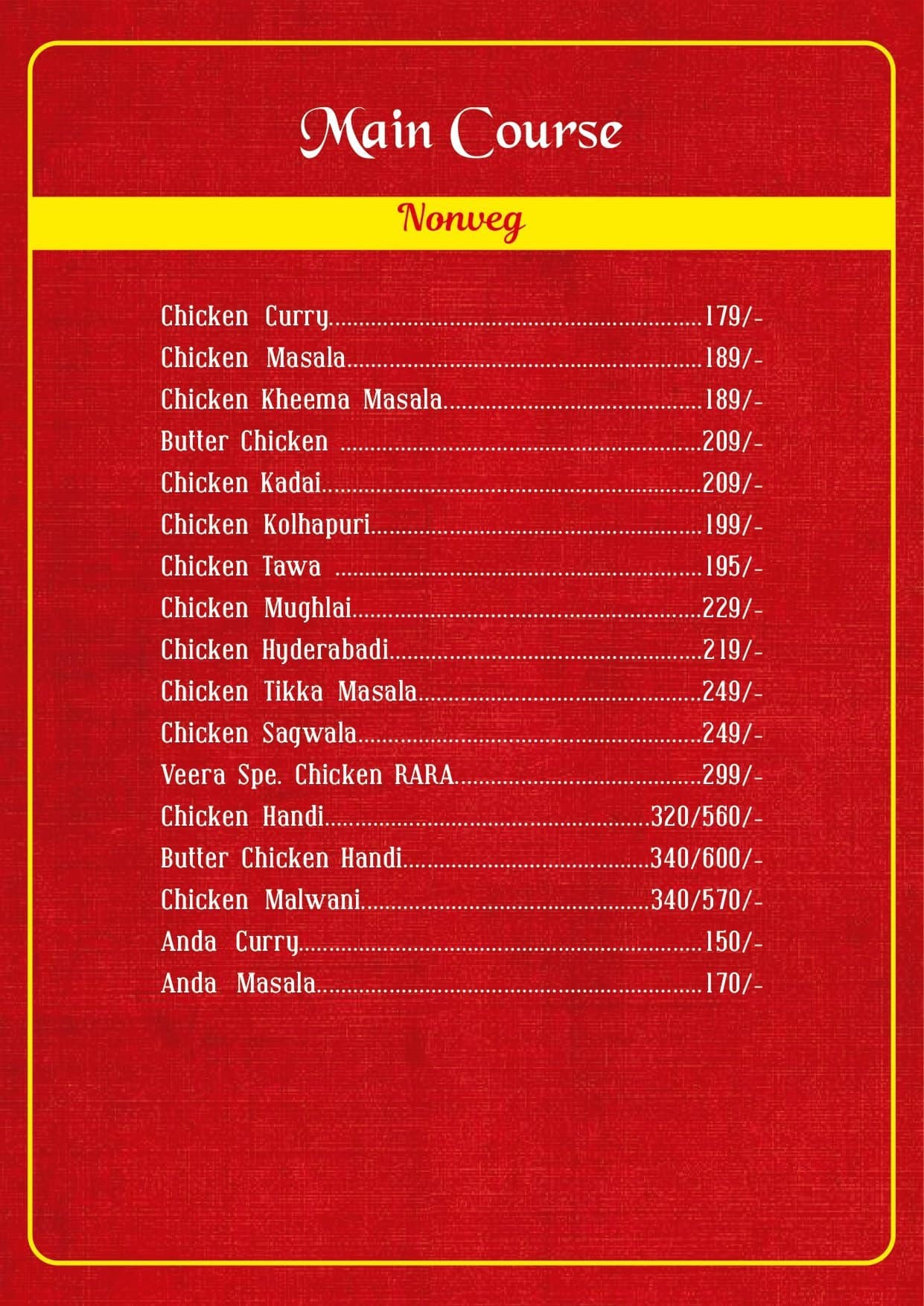 Menu of Hotel Chingari, Chandan Nagar, Pune