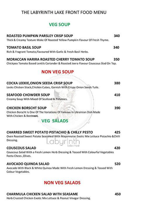 Menu of The Labyrinth Lakefront, Gandipet, Hyderabad
