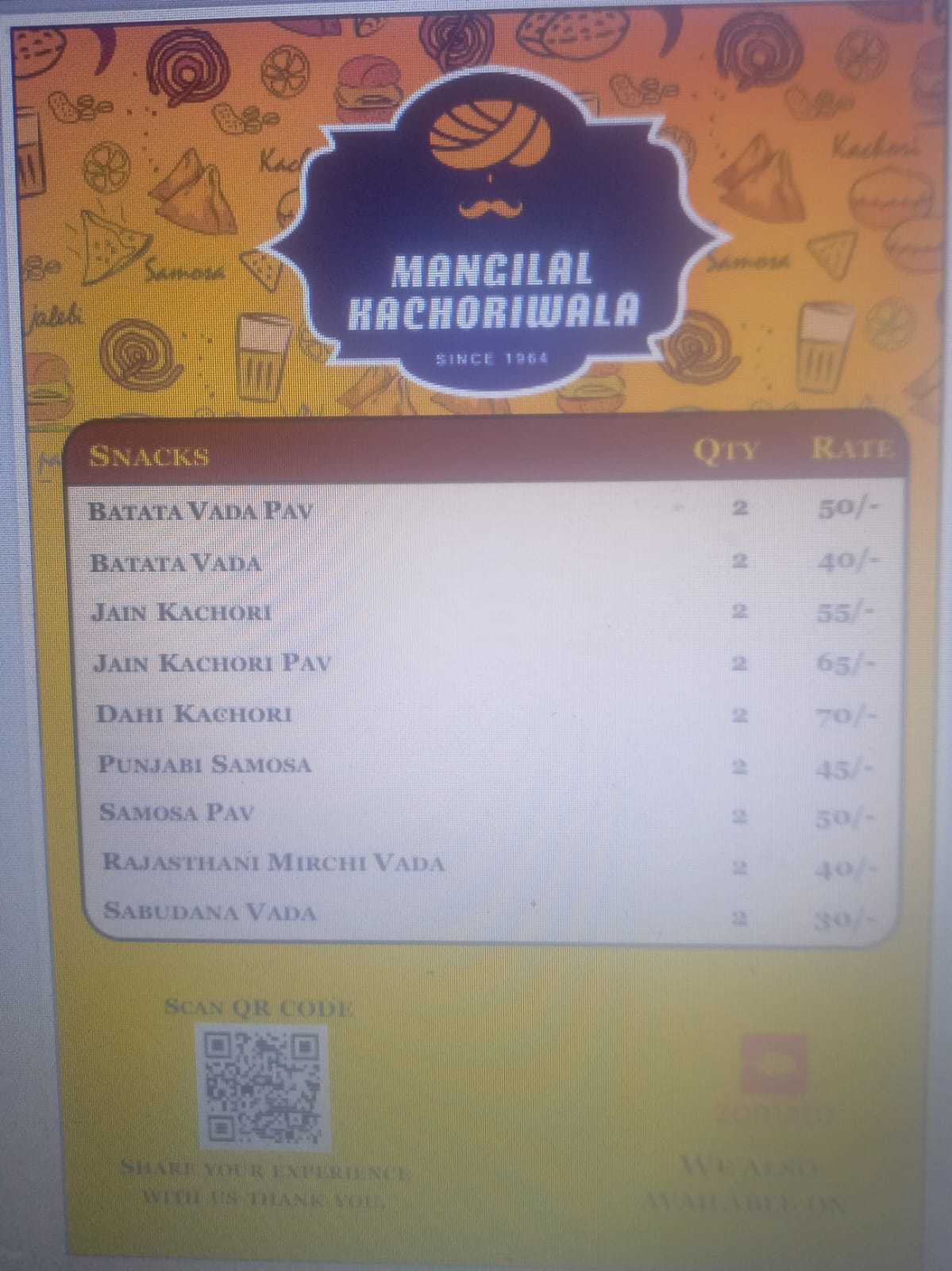 Menu of Mangilal Kachoriwala, Near Andheri West Station, Mumbai