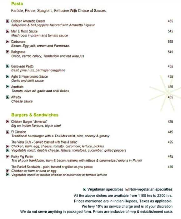 Menu of Vista - The Park, Chinna Waltair, Vizag